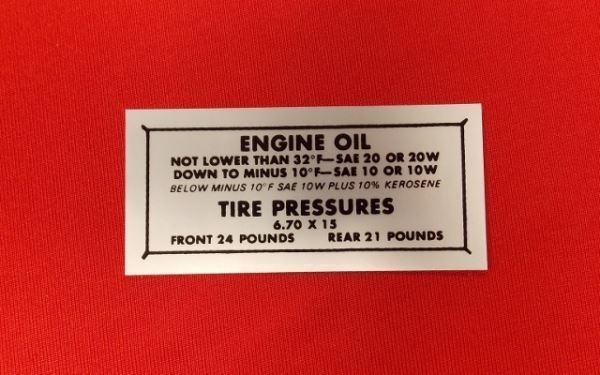 DF-129 1949 1950 1951 ford glove box door tire pressure decal sticker