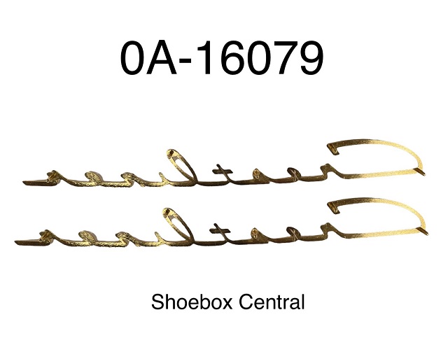 0A-16079 1950 1951 Ford Crestliner Gold Fender Scripts Pair